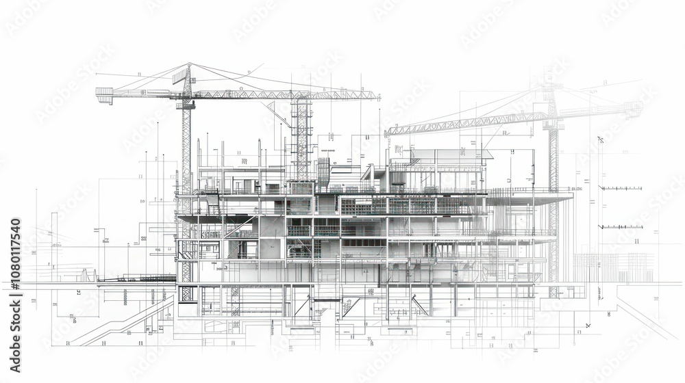 Architectural blueprint of a construction site with cranes and ...