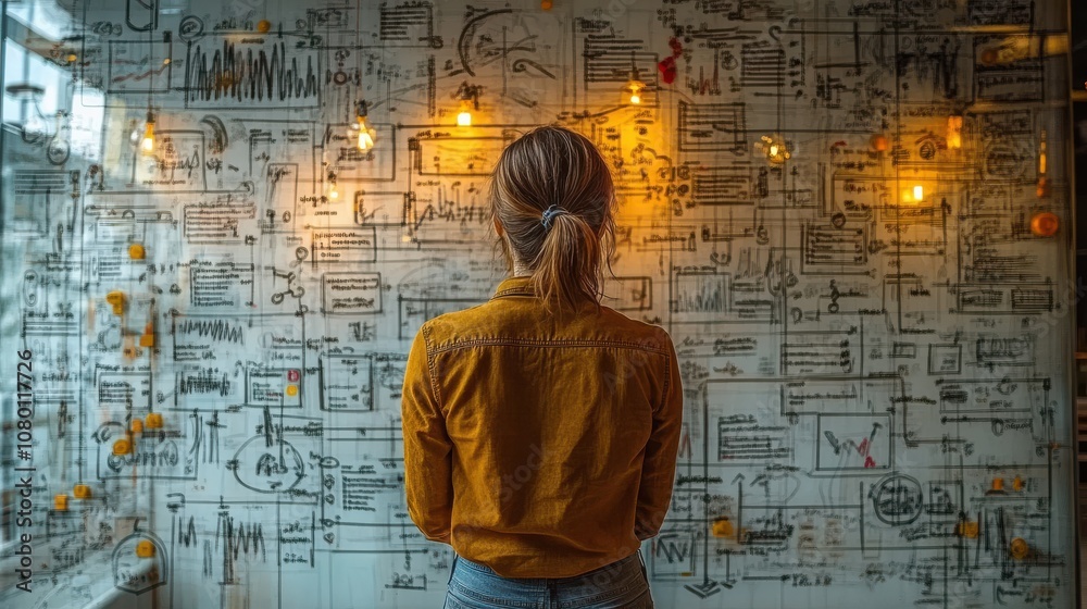 Professional analyzing a career path flowchart on a whiteboard, mapping ...