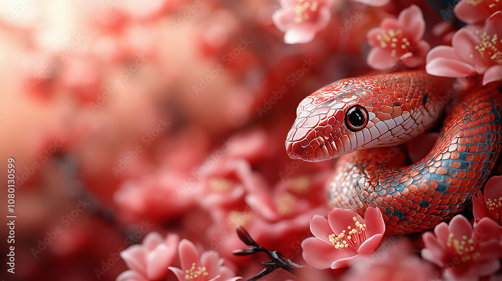 Snake with spring cherry blossom branch ai illustration template for ...