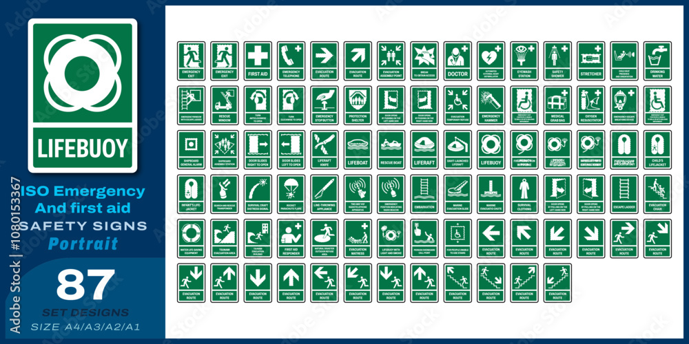 87 set iso emergency and first aid safety signs v40_lifebuoy_portrait ...