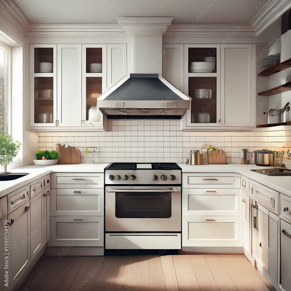 front facing realistic built in kitchen. photo of a kitchen with a hood ...