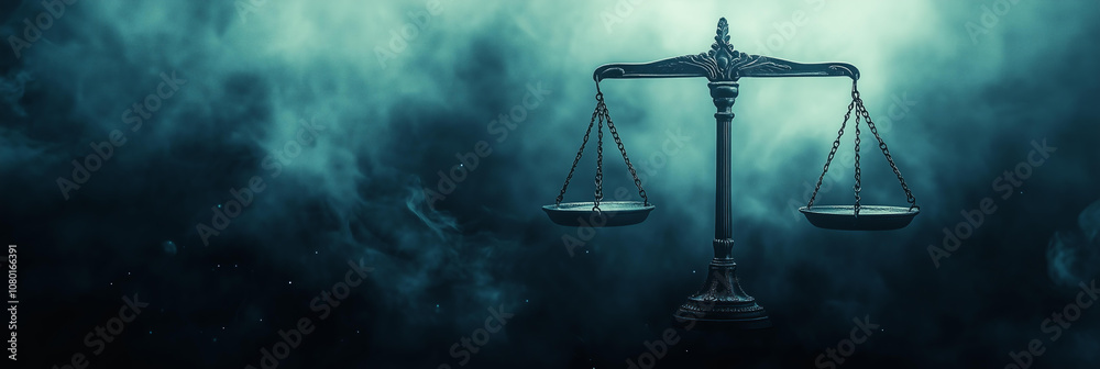 Scales of justice with a misty background, a dark blue and teal color ...