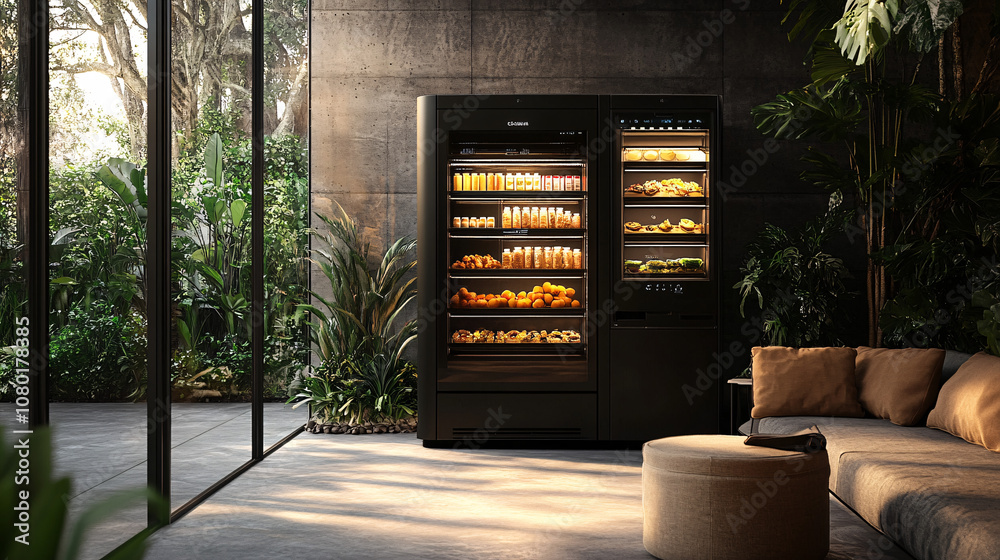 Digital vending machine in a sleek public space, dispensing nutrient ...