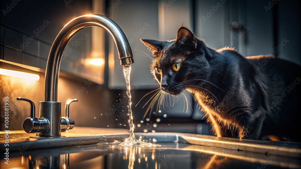 Enchanting Long Exposure of a Black Cat Drinking Water from a Tap ...