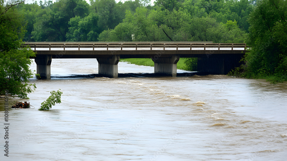 flooded bridge over swollen river surrounded by lush greenery ...