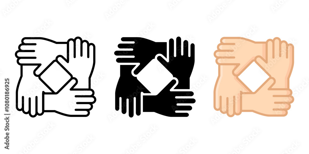 Four hands holding together color icon. Teamwork symbol. Solidarity and ...