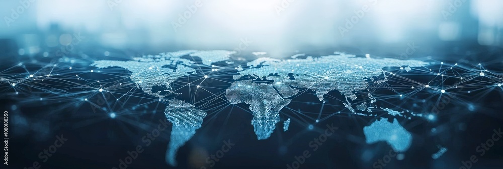 Image of a digital world map overlaid with interconnected lines and glowing nodes, highlighting ...