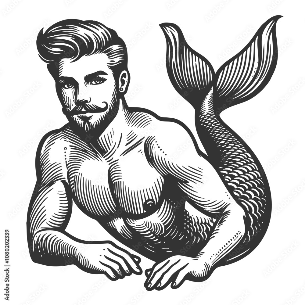 muscular merman with a vintage style, featuring strong physique and ...
