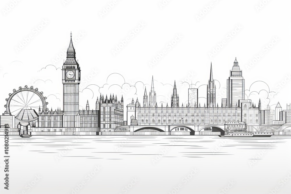 London skyline drawing featuring iconic landmarks in a creative line ...