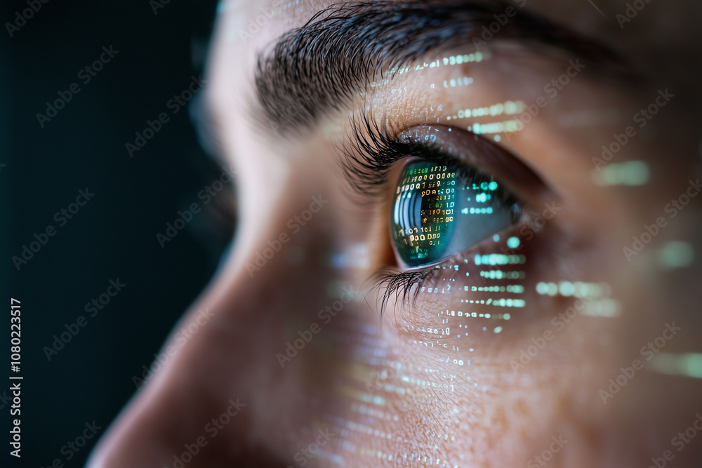 A close up of human eye reflecting digital data, showcasing blend of ...