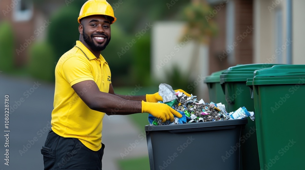 A smiling waste collector in a yellow shirt and hard hat, happily ...
