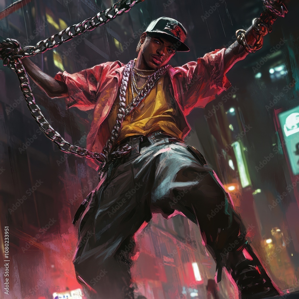 Hip hop throwback style with layered chains, baggy clothing, dynamic ...