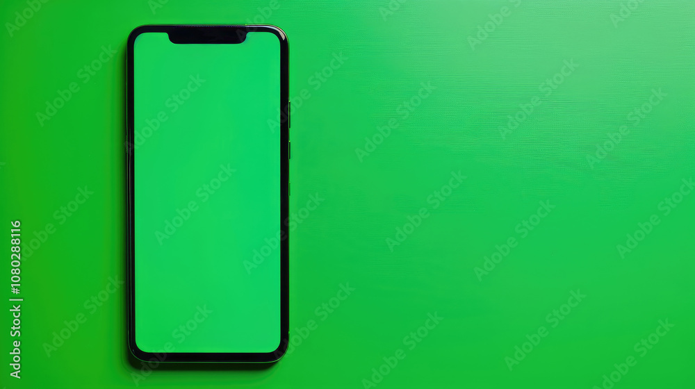 smartphone with blank green screen on vibrant green background, ideal ...