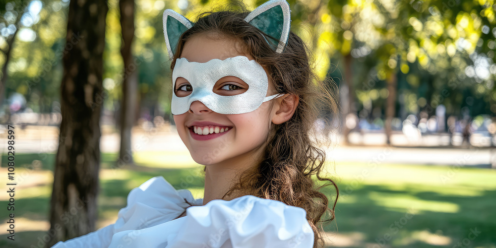 Smiling teenage girl wearing cat mask against sunny park background ...
