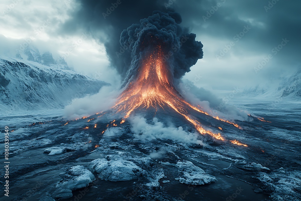 Massive Volcano Eruption. A large volcano erupting hot lava and gases ...