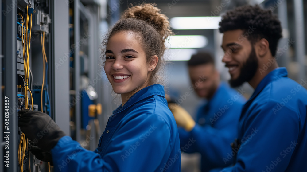 Young electrician students in blue overalls, smiling as they work ...