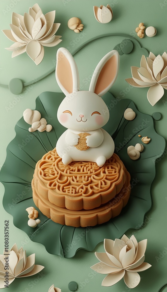 bunny with mooncakes and lotus flowers under the full moon. Chinese ...