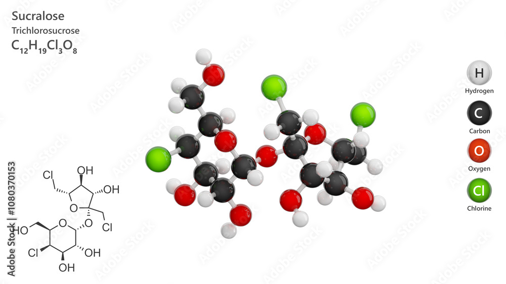 Molecule: Sucralose. E955 food additive. Sweetener. Molecular structure ...