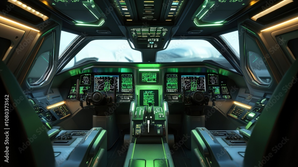 Sustainable aerospace technology. Futuristic aircraft cockpit interior ...