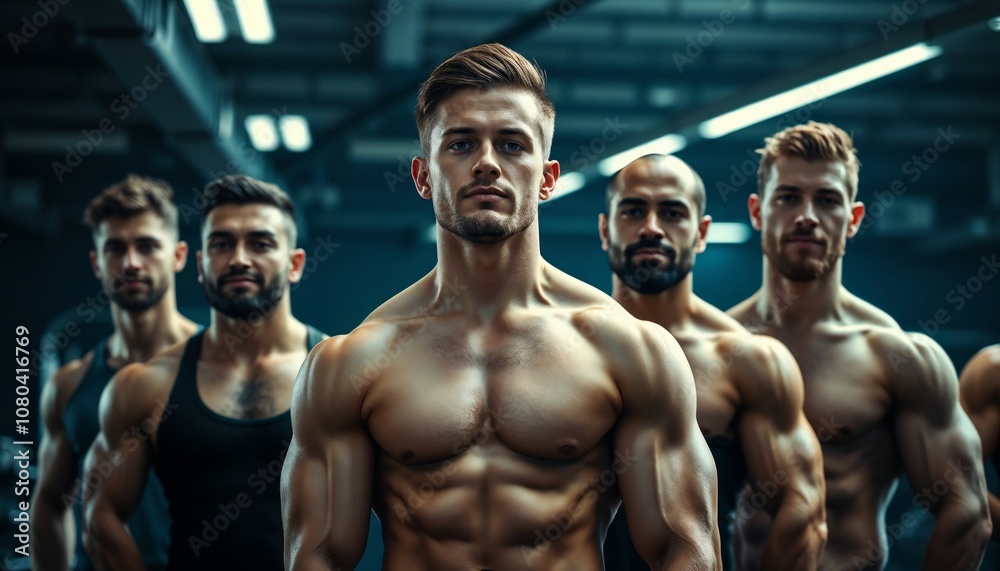 Group portrait of muscular male fitness models in gym setting with ...