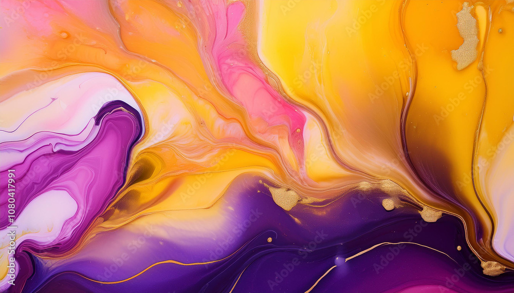 Fluid ink art in rich yellow and purple hues, intense visual impact ...