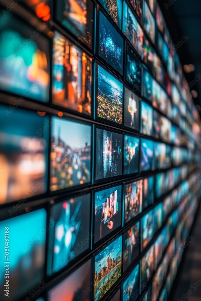 Dynamic wall of digital screens showcasing fast paced media content ...