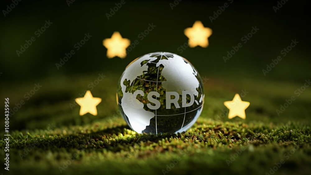 A glass globe on grass with stars and "SRD" printed on it, with a ...