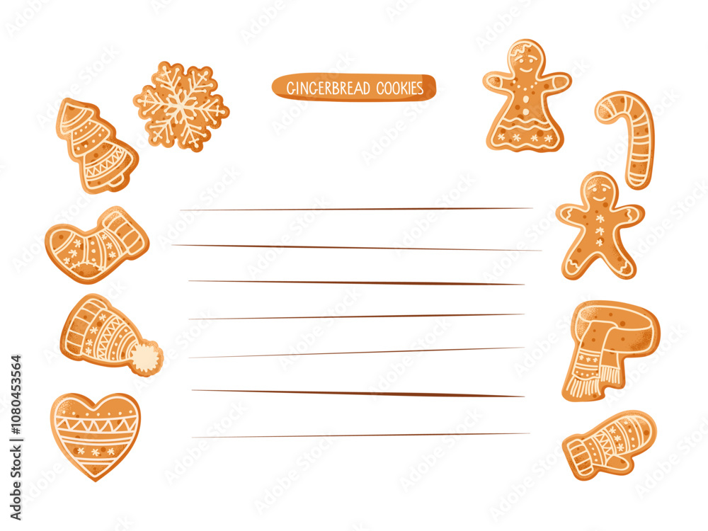 Recipe page with Gingerbread Cookies. Empty template card. Lined page ...