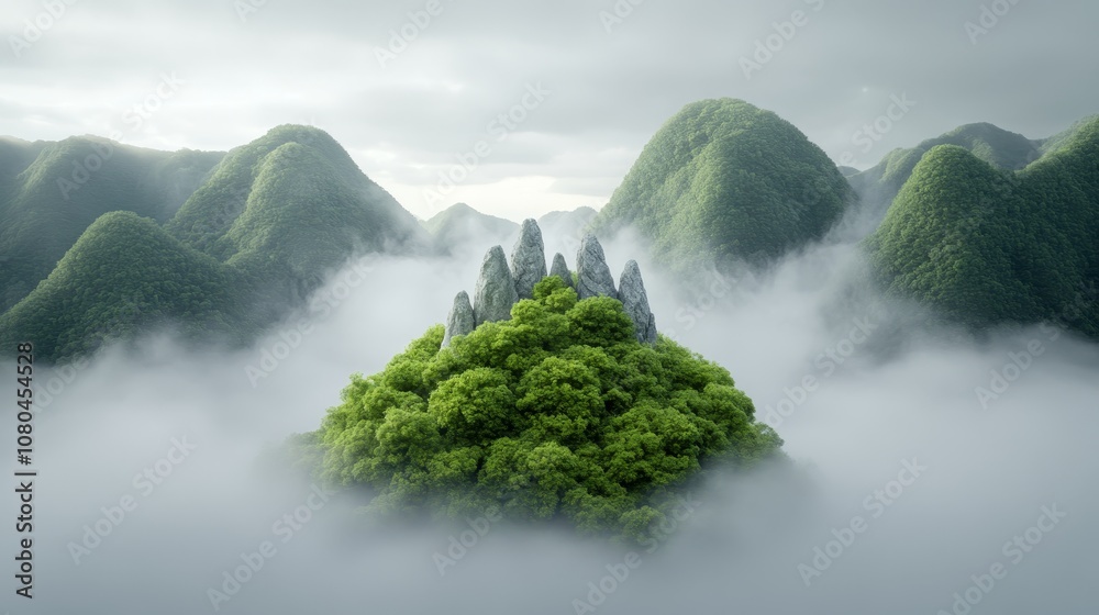 island surrounded by ethereal fog, where giant stone guardians stand ...