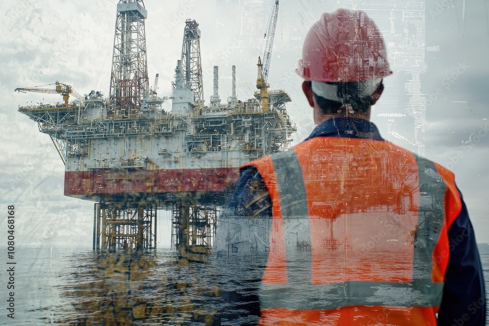 Industrial worker observing an offshore oil rig against a backdrop of ...