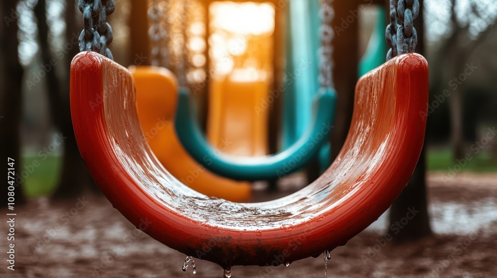Colorful playground swings gleaming with raindrops, captured during a ...