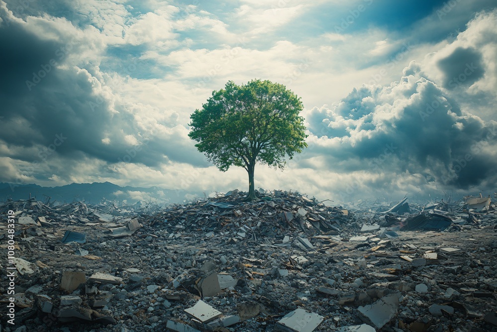 Single green tree standing amidst rubble and debris in a post-disaster ...
