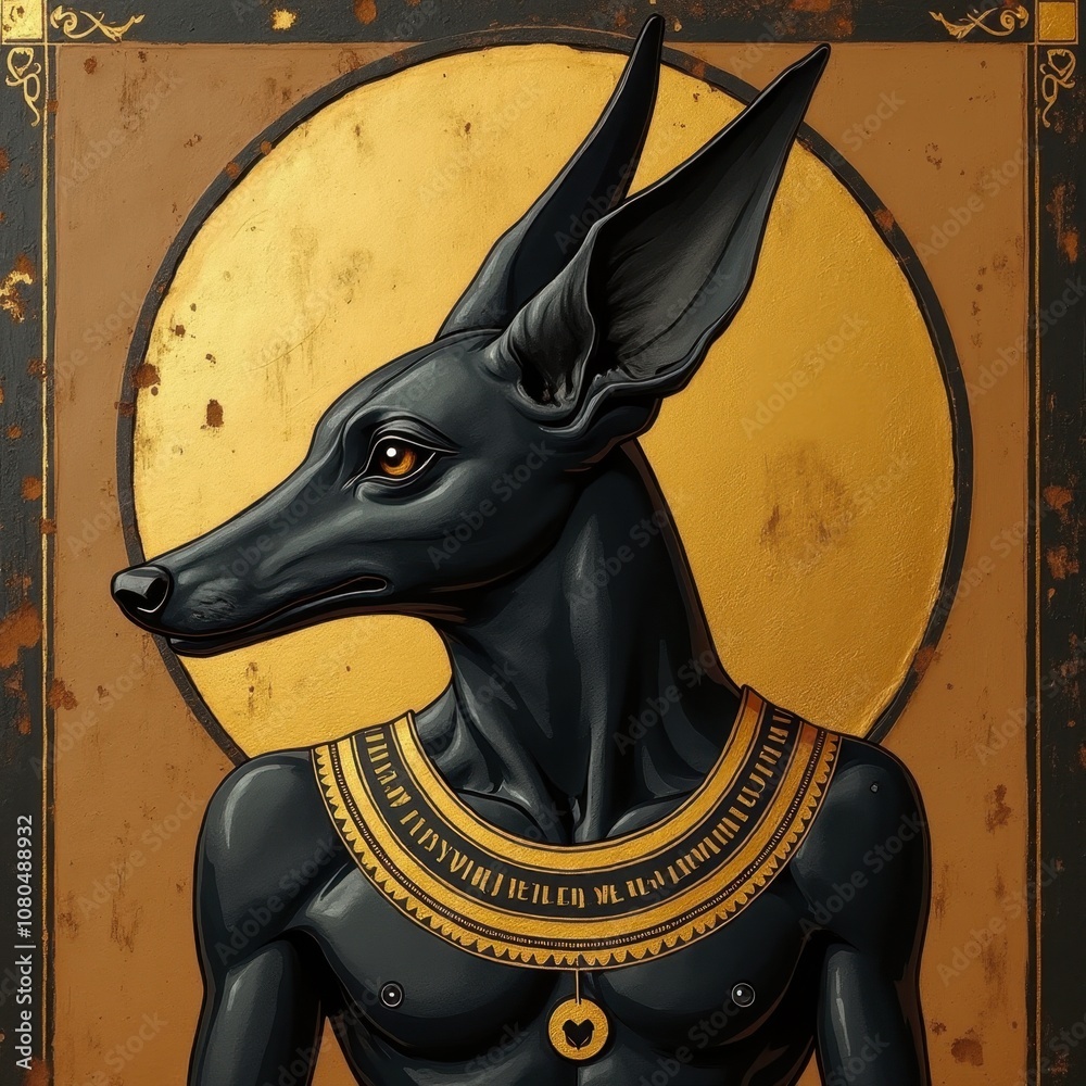 Anubis, Egyptian God of the Dead, Jackal Headed Profile with Gold ...