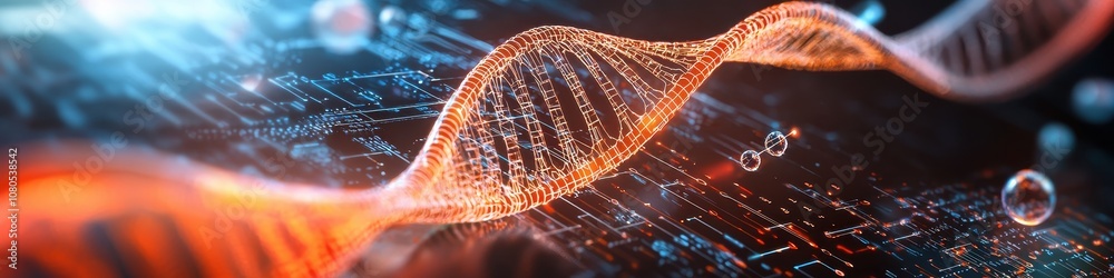 A glowing DNA helix floating in mid-air, surrounded by holographic data ...