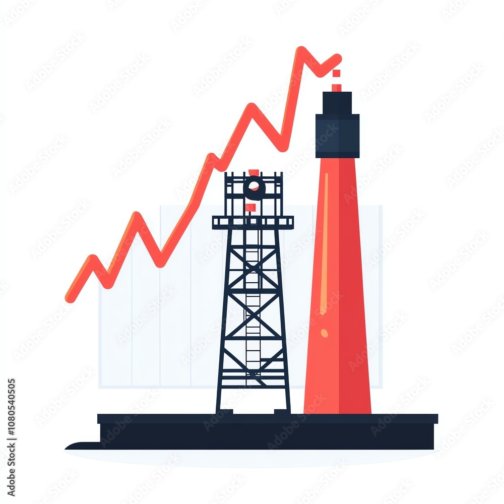 Oil rig with rising graph representing growth, isolated on white ...