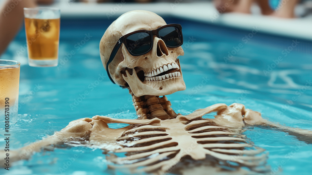 Skeleton wearing sunglasses floating in a swimming pool with glasses of ...
