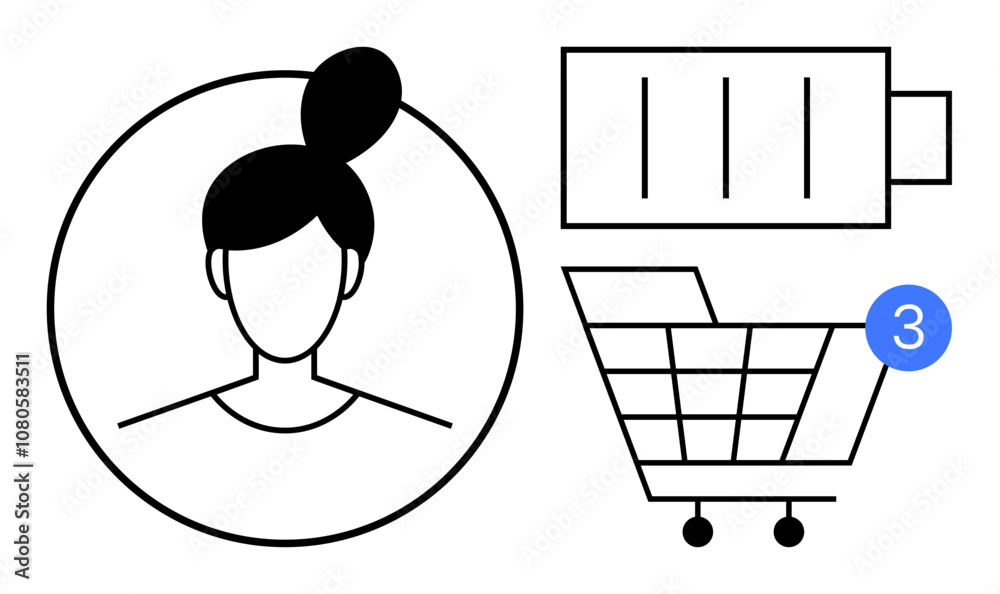 User profile icon, shopping cart with a notification badge, and low ...