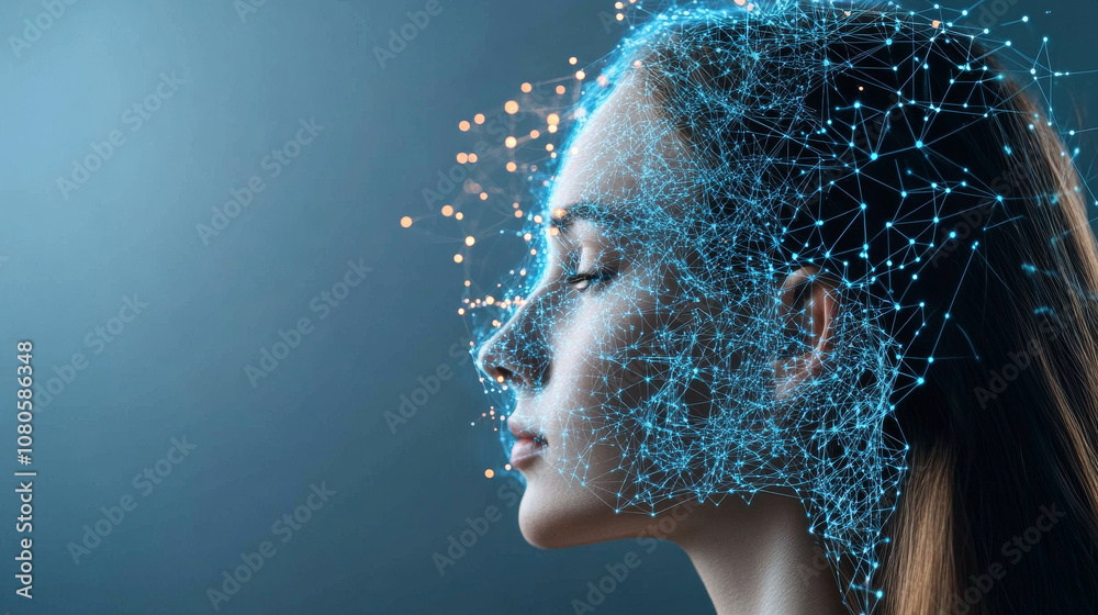 image depicts woman with digital, abstract representation of neural connections and data points ...