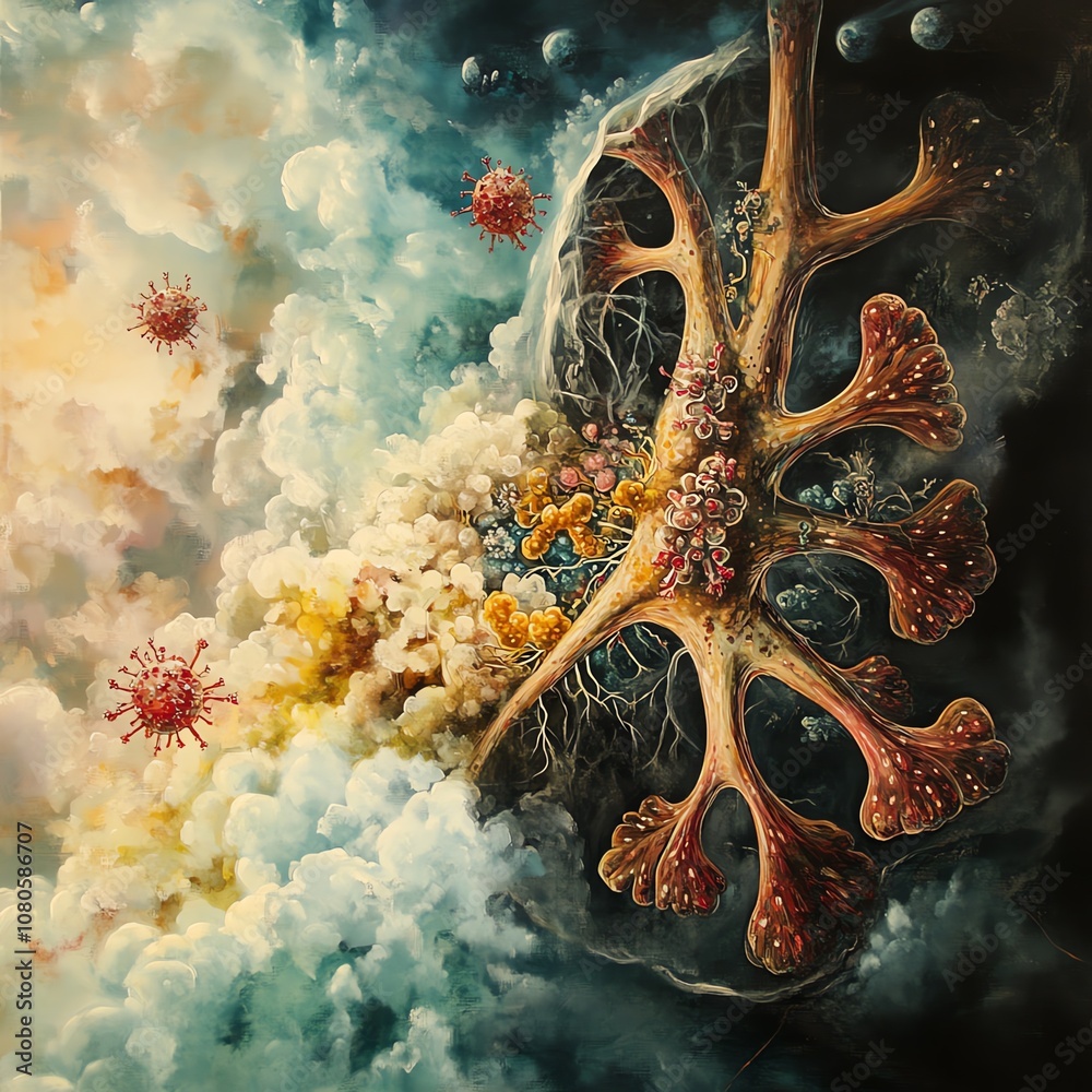 Design a detailed and scientifically accurate portrayal of pneumonia ...