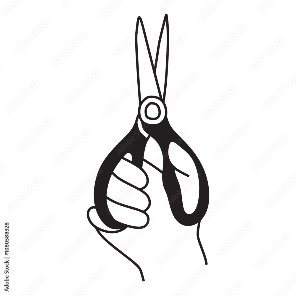 hand holding scissors, four fingers entering the hole, black and white ...