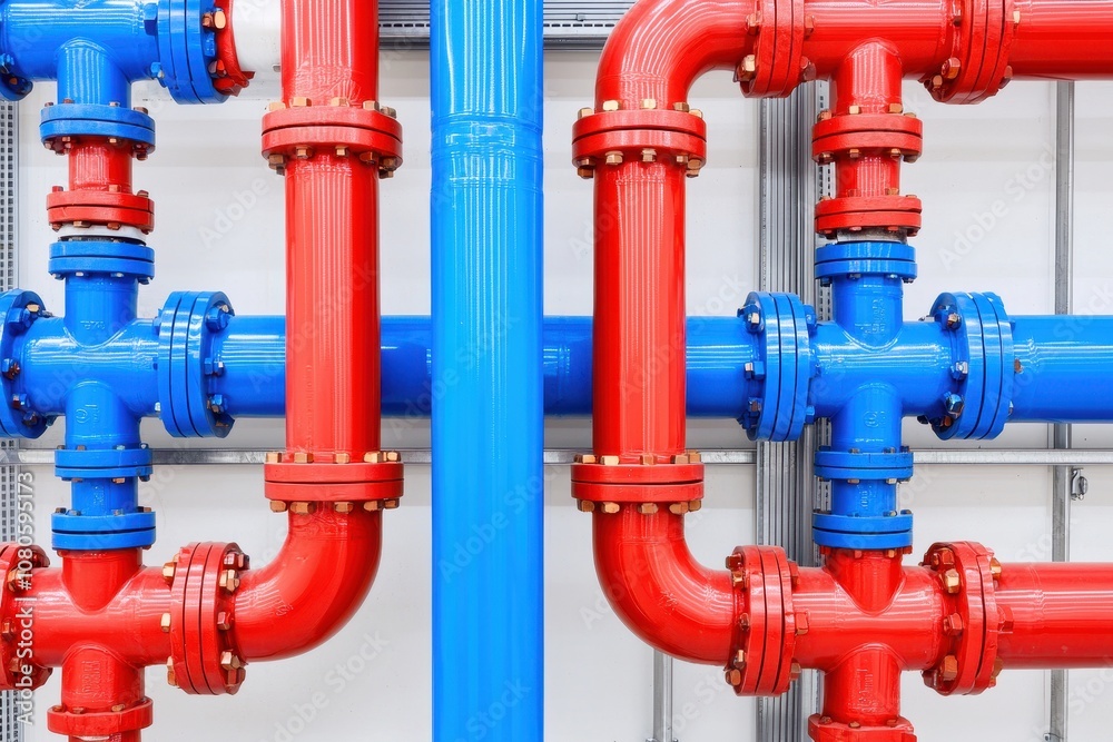 Process piping network in a cooling system, with blue and red insulated ...