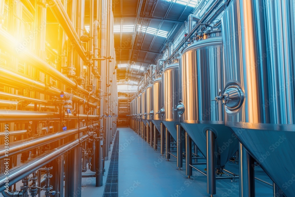 Modern brewery with a network of process piping connected to large ...