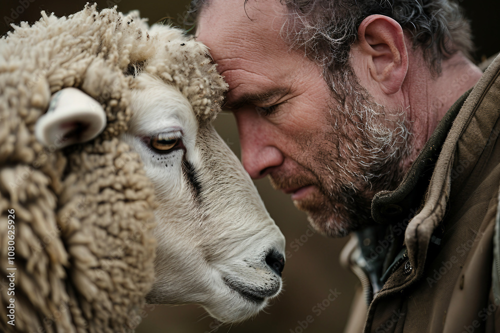 Shepherd with his staff guiding his flock of sheep across the tranquil ...
