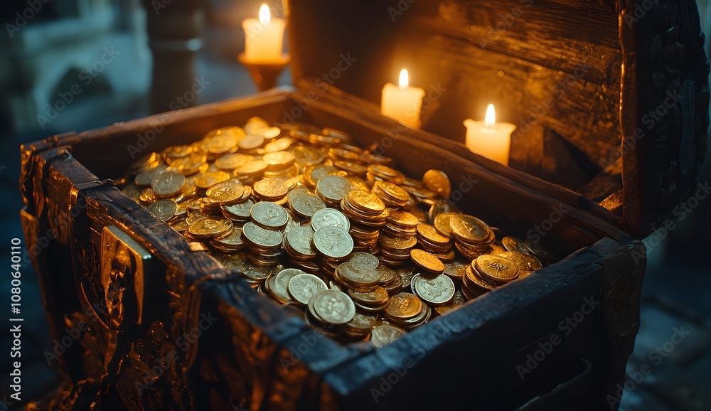 A treasure chest full of gold coins, inside the medieval castle hall ...