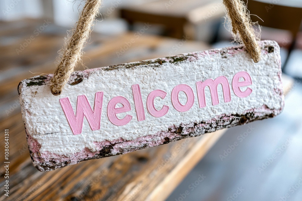 Vintage Welcome Sign in Retro Style with Pink Fonts on Rustic Wood ...