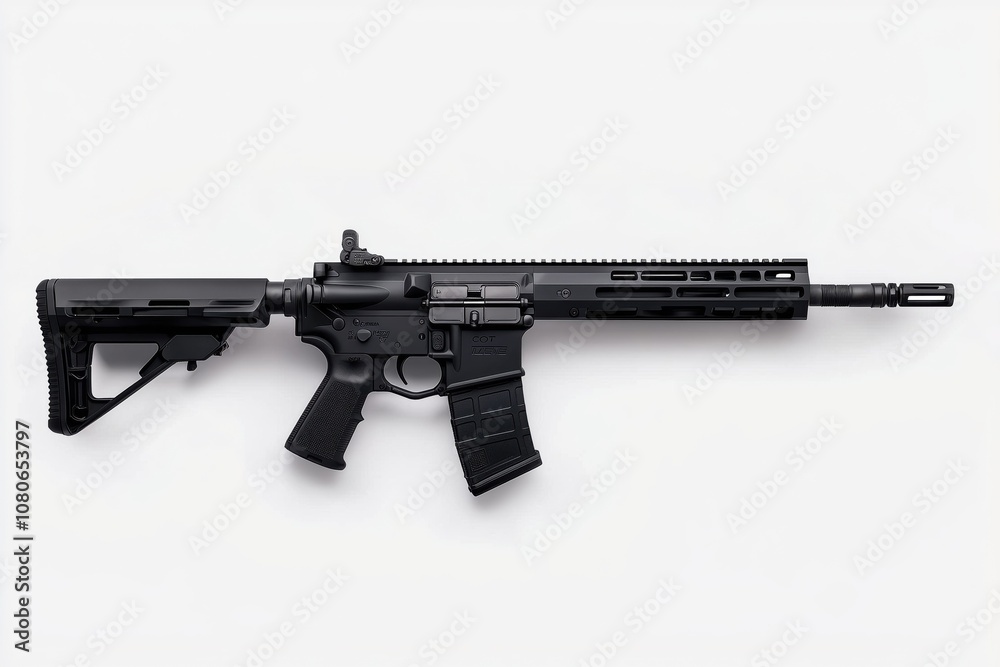 A modern AR-platform rifle is showcased against a plain white ...