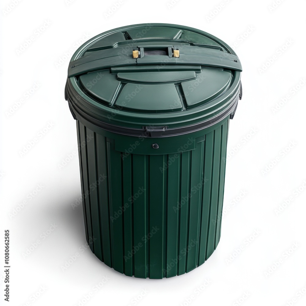 Green outdoor garbage bin with lid on white background for urban waste ...