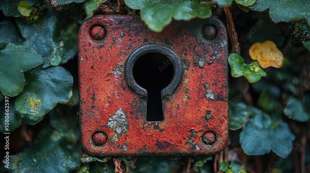 Aged red rusty keyhole in nature shown with lush green leaves growing ...