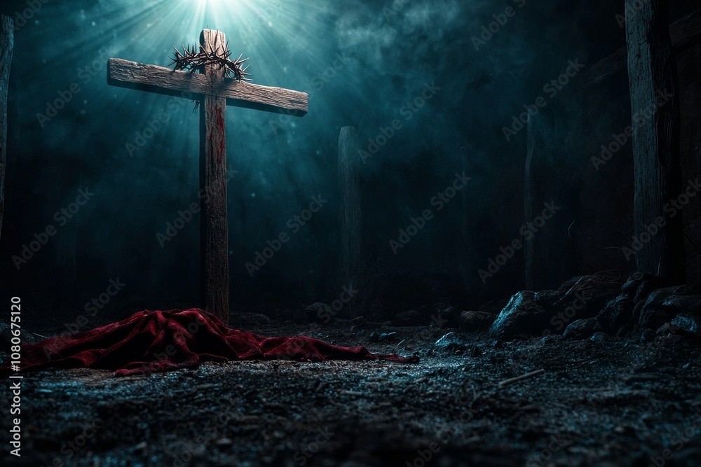 Wooden cross with crown of thorns and red cloth draped, illuminated by ...