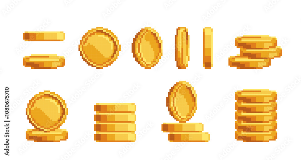 Cartoon Different Golden Coin Set Pixel Art Concept Flat Design Style ...